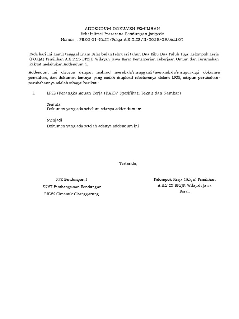 Addendum 1 Rehabilitasi Prasarana Bendungan Jatigede | PDF