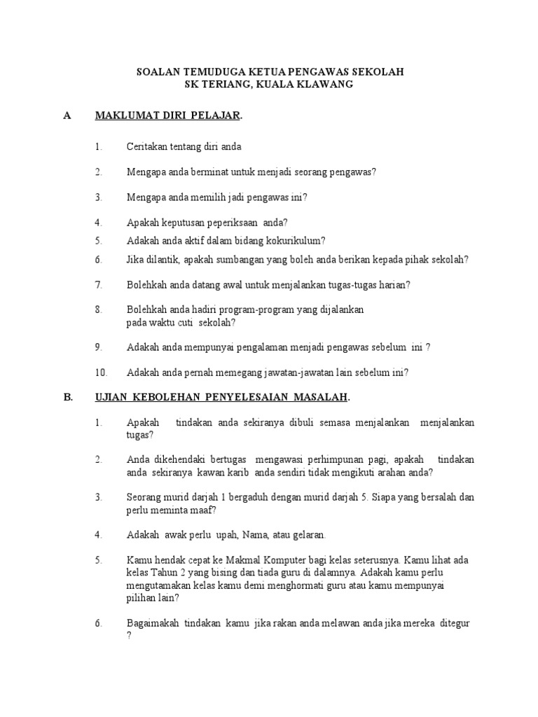 Soalan Temuduga Pengawas Sekolah | PDF