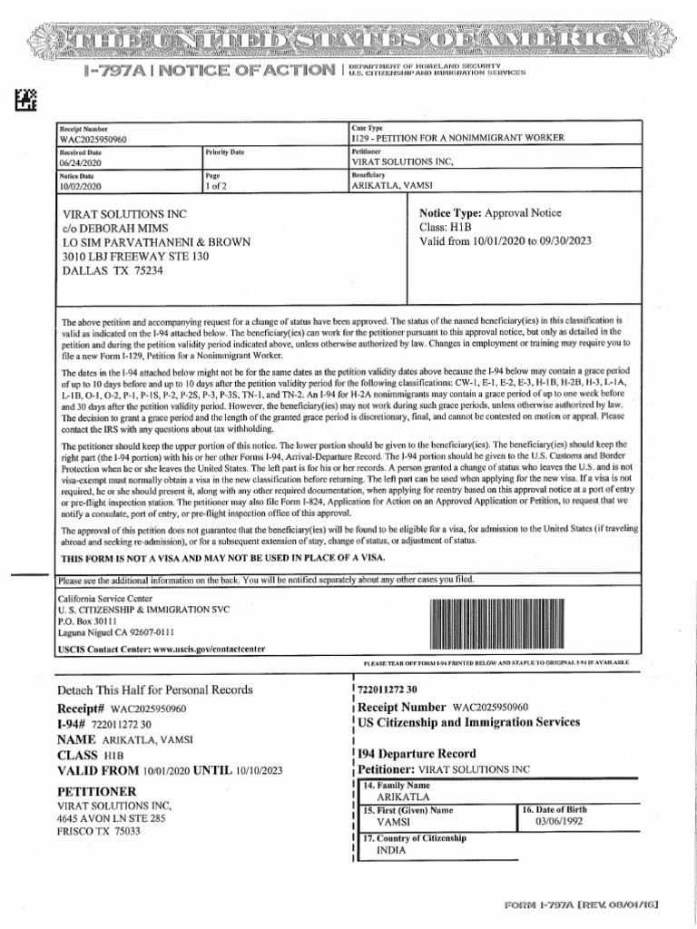 Vamshi H1B Approval | PDF