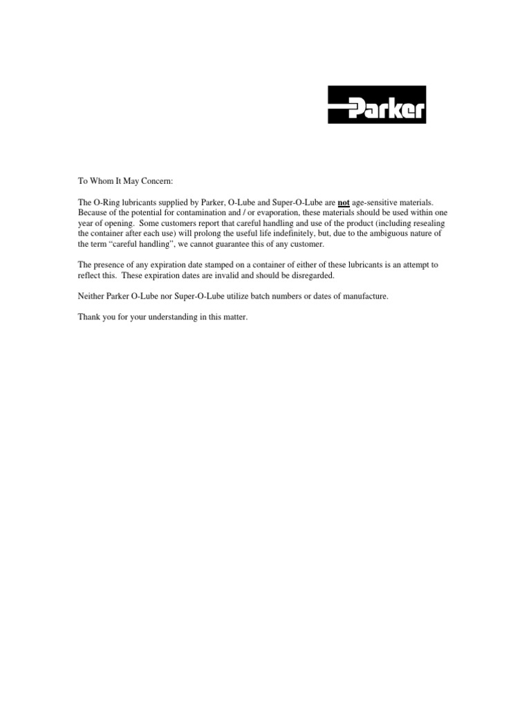 Parker O-Lube Expiration Guidelines | PDF