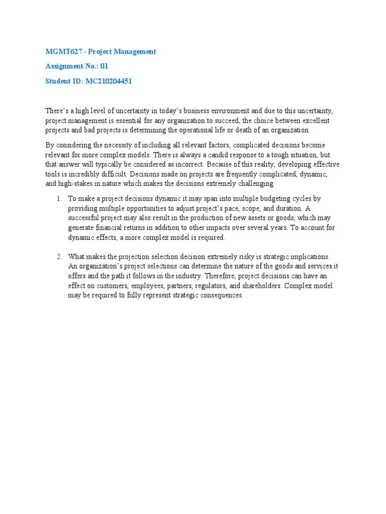 MGMT627 Assignment 1: Project Decisions | PDF | Business