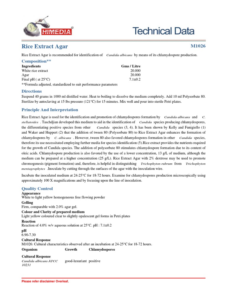 Rice Extract Agar: Composition | PDF | Agar | Candida (Fungus)