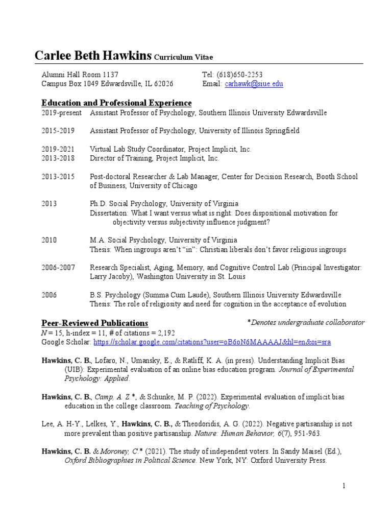 Hawkins Vita 2-10-23 | PDF | Psychology | Social Psychology
