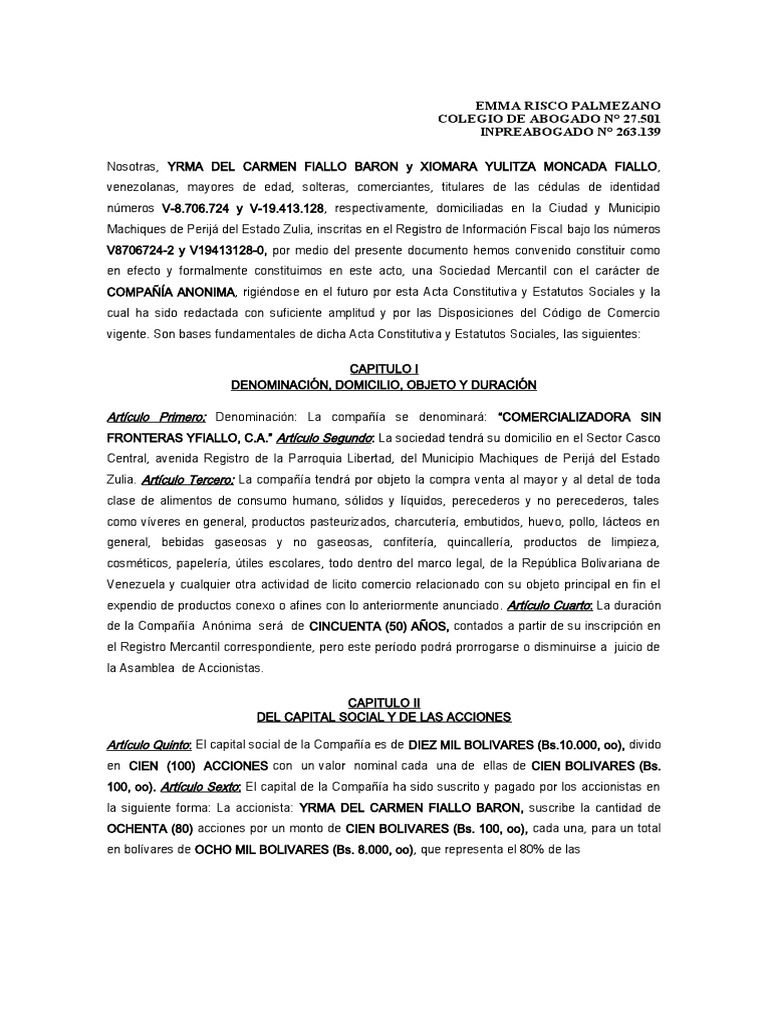 Acta Constitutiva Comercializadora Sin Fronteras | PDF | Compartir (Finanzas) | Cheque