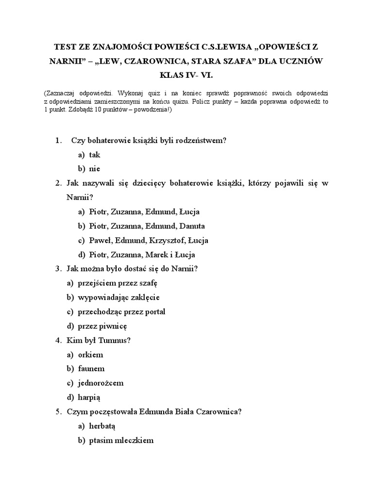 Test Ze Znajomosci Opowiesci Z Narnii. | PDF
