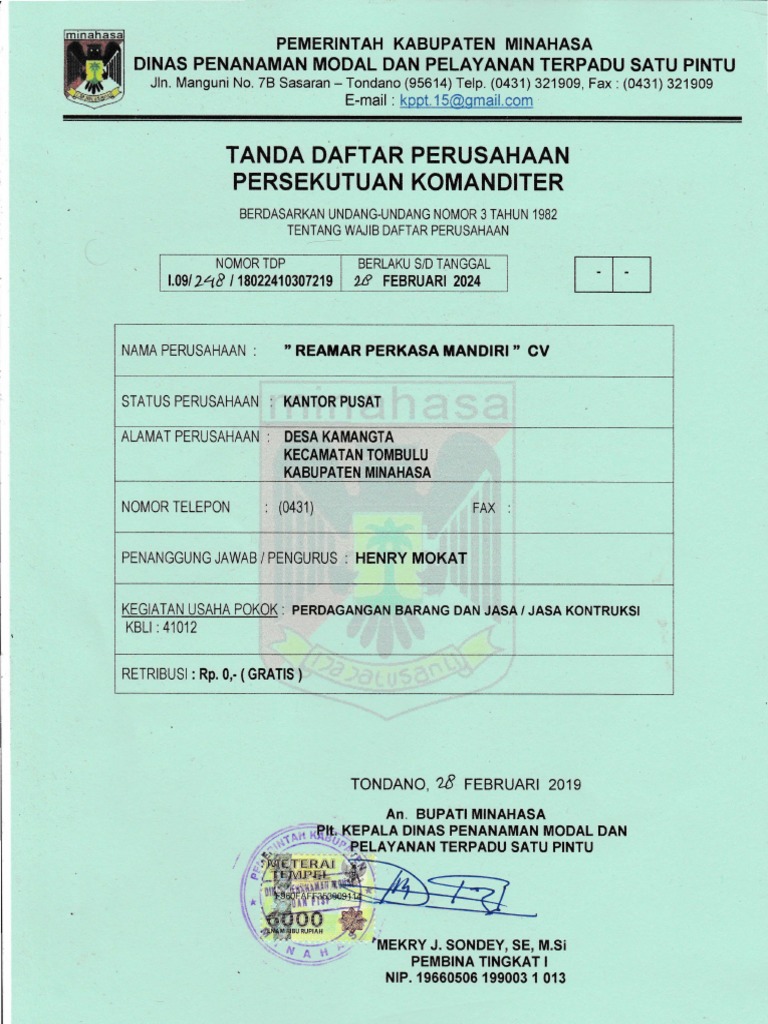 Tanda Daftar Perusahaan Persekutuan: Nomortdp | PDF