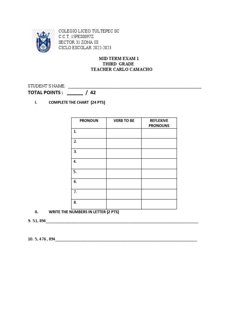 Mid Term Exam 1 Third Grade Pdf