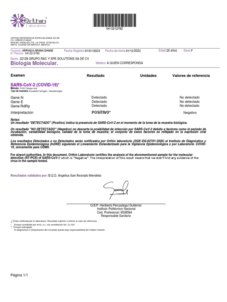 Resultado PCR COVID-19: Positivo/Negativo | PDF | Especialidades ...