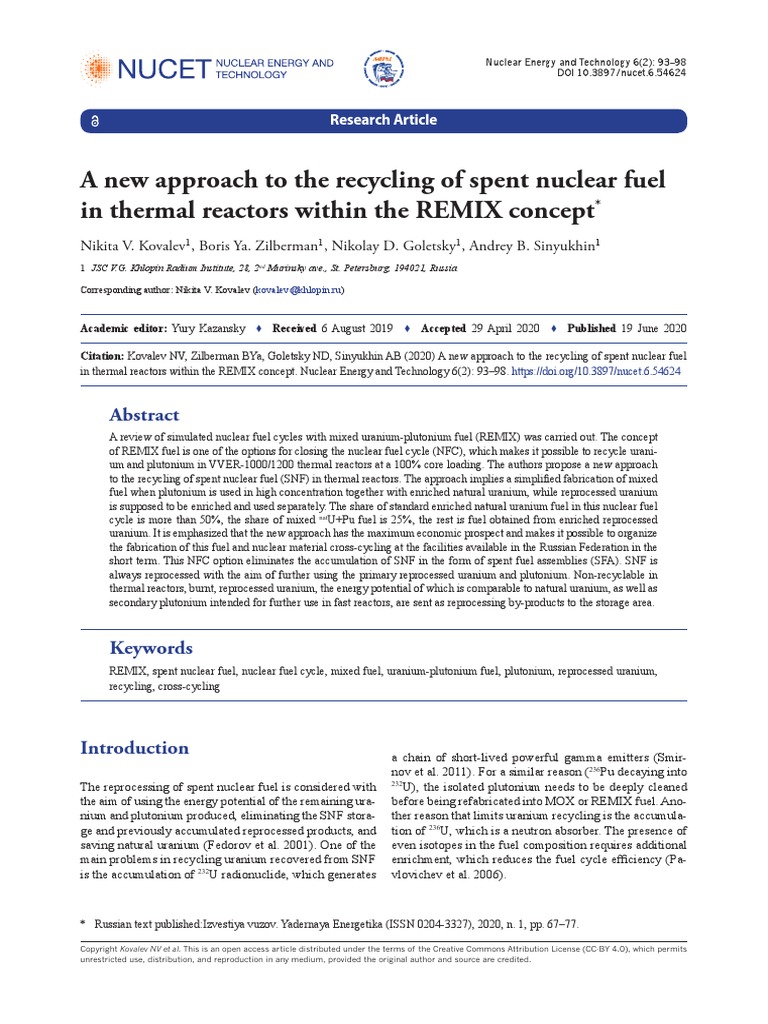 A New Approach To The Recycling of Spent Nuclear Fuel in Thermal ...