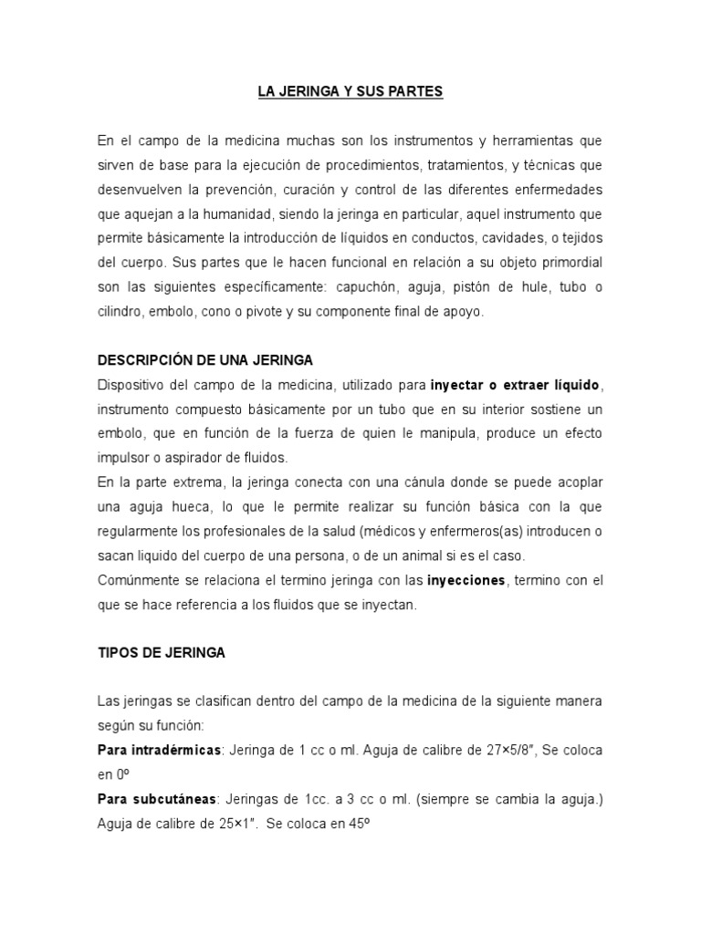 La Jeringa y Sus Partes | PDF | Piel | Medicina