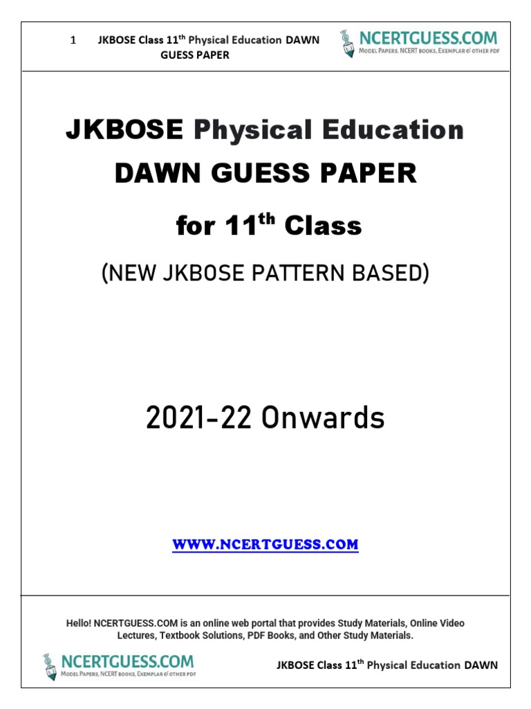 JKBOSE CLASS 11TH Physical Education DAWN GUESS PAPER WWW - NCERTGUESS ...