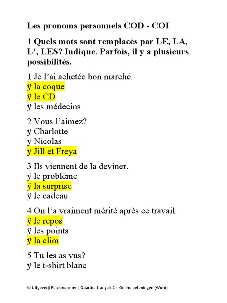 Remediëring Pronom Personnel COD COI | PDF | Complément d'objet