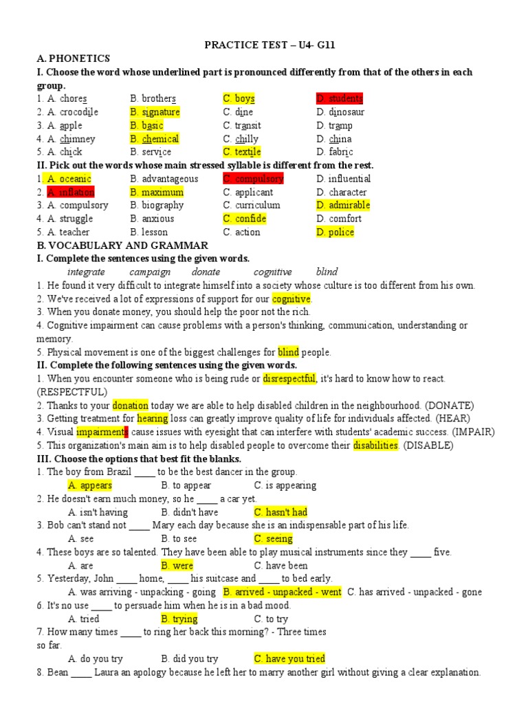 Practice Test - U4 - G11 | PDF | Speech Synthesis | Cognition