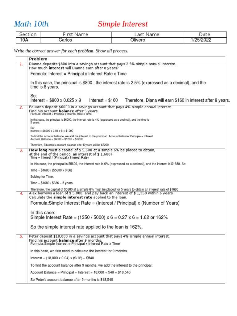 Math - P301 - Simple Interest | PDF | Interest | Interest Rates