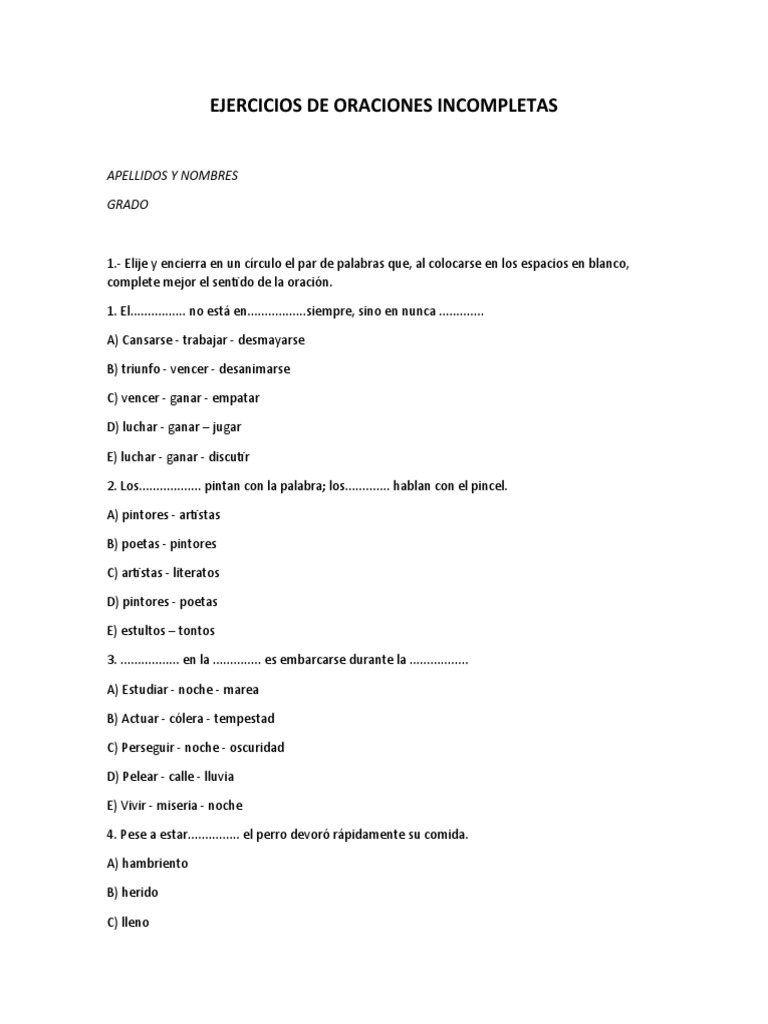 Ejercicios de Oraciones Incompletas | PDF
