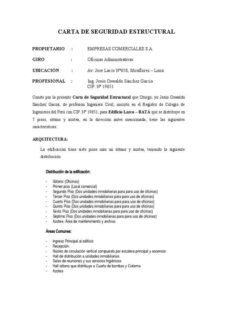 Carta de Seguridad Estructural | PDF | Sótano | edificio
