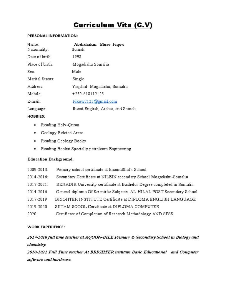 Abdishakur Muse Fiqow CV | PDF | Schools | Somalia
