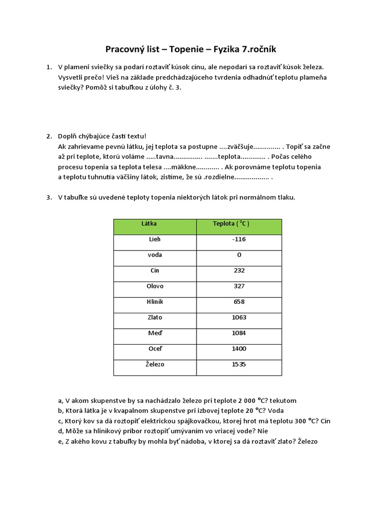 Pracovný List - Topenie | PDF
