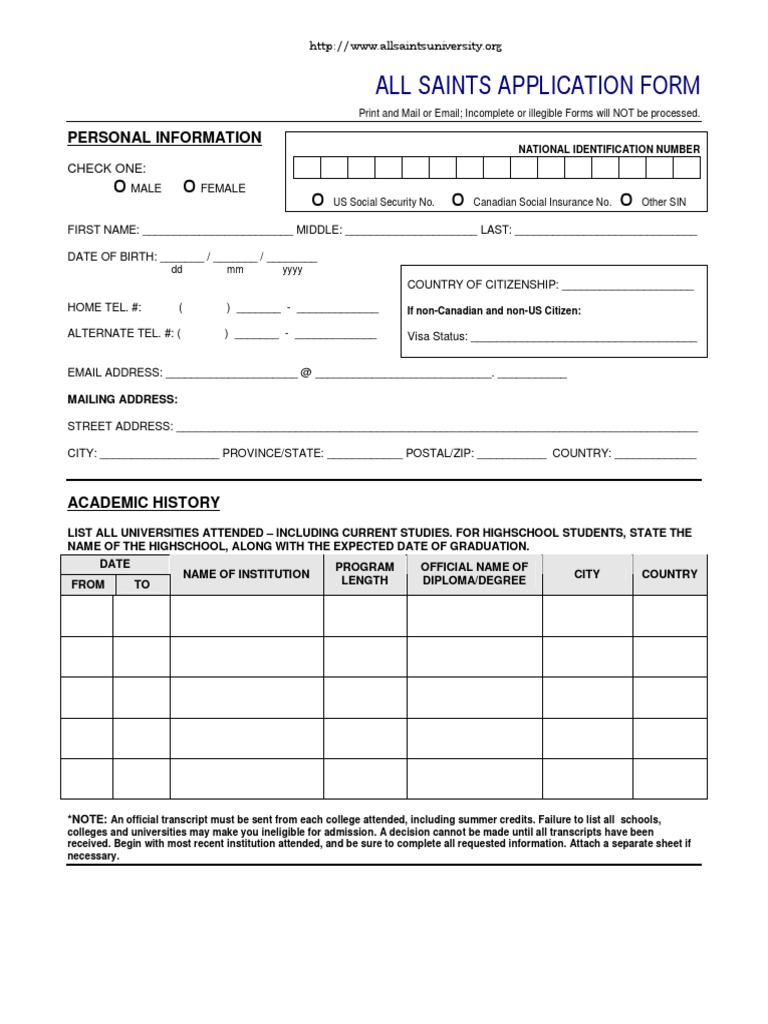 All Saints Application Form | PDF