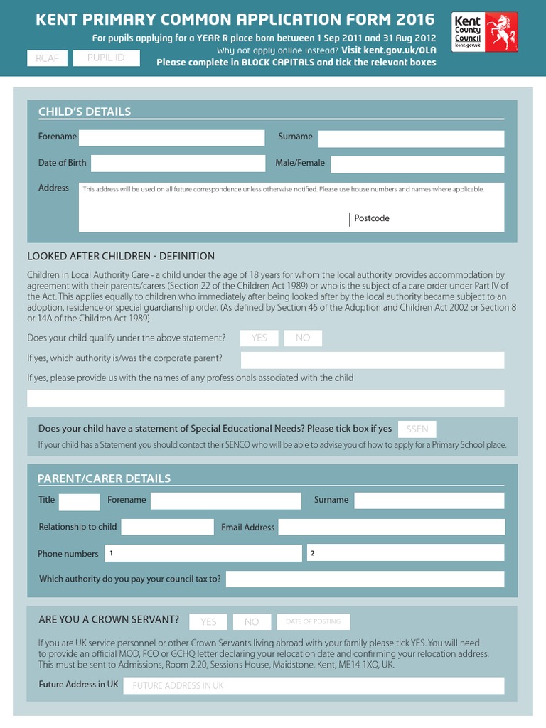 Example of Kent Primary School Admission Application Form | PDF ...