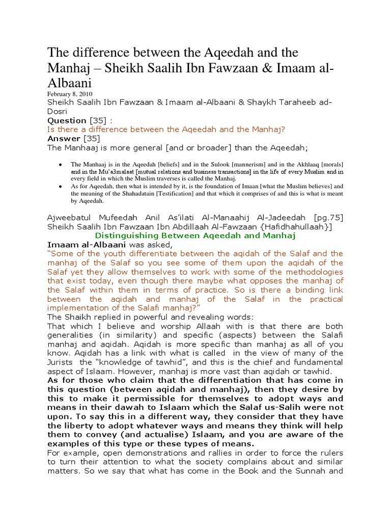 Aqeedah vs. Manhaj: Key Differences | PDF | Tawhid | Salafi Movement