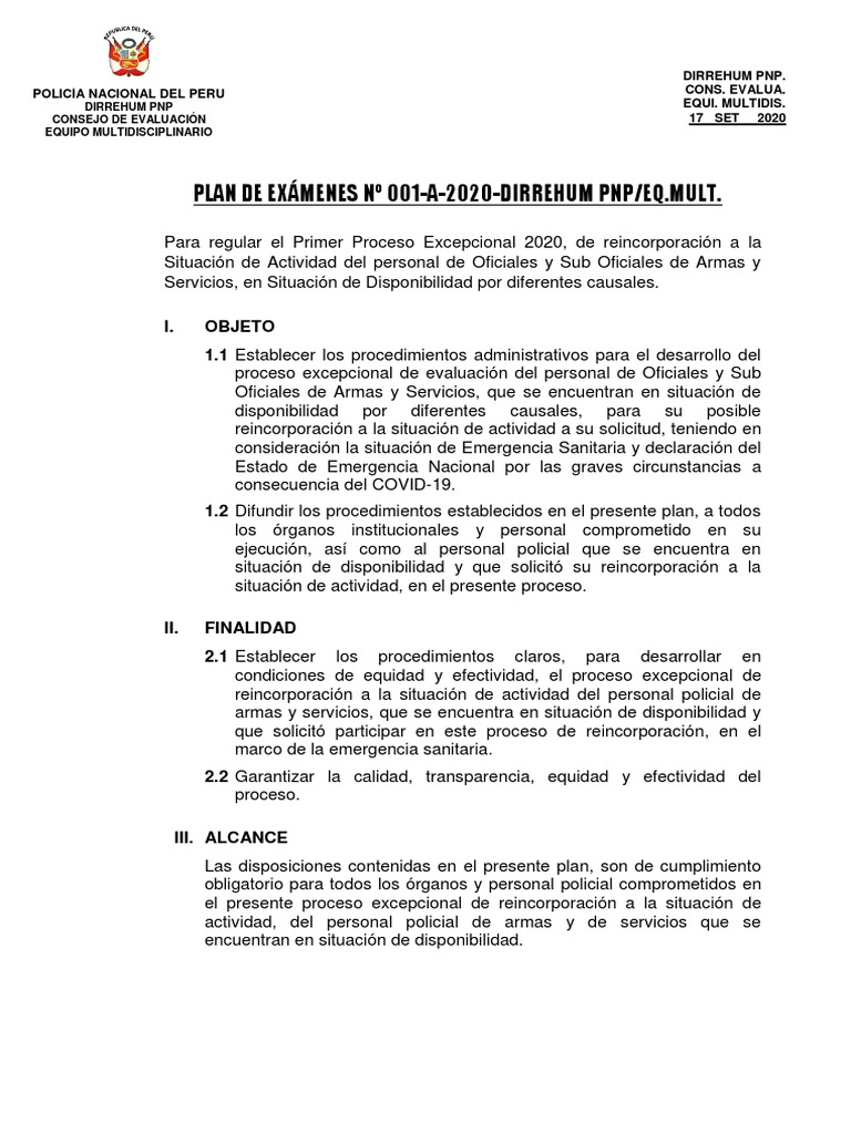 Plan PNP para La Reincorporacion A La Situacion de Actividad | PDF | Policía | Evaluación
