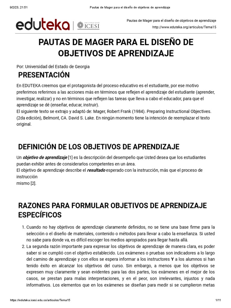 Pautas de Mager para El Diseño de Objetivos de Aprendizaje | PDF ...