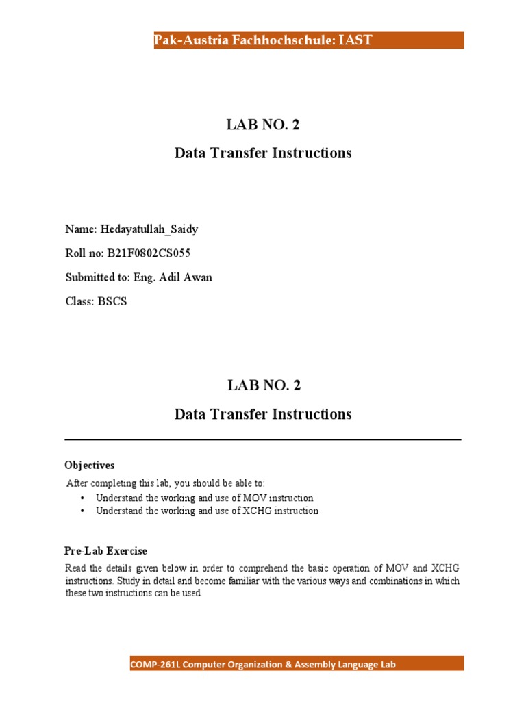 Hedayatullah Saidy B21F0802CS055 COAL - LAB 02 | PDF | Assembly Language | Computer Science