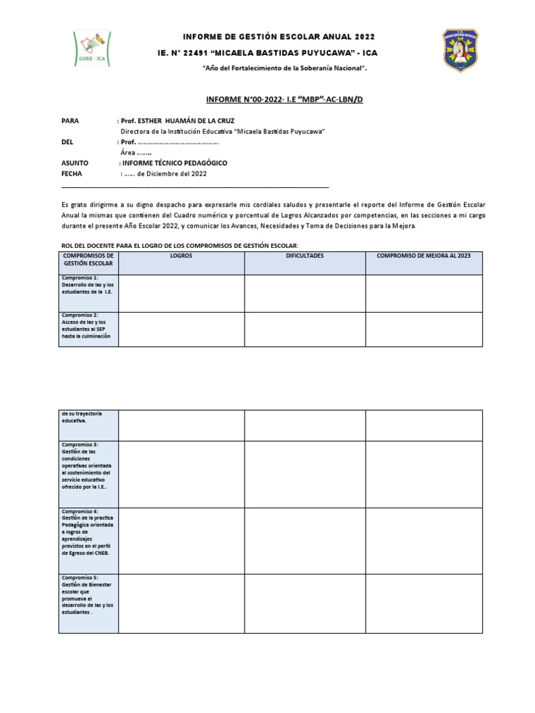 2022 Informe de Gestión Escolar Anual 2022 Del Docente de Aula Secundaria Formato | PDF ...
