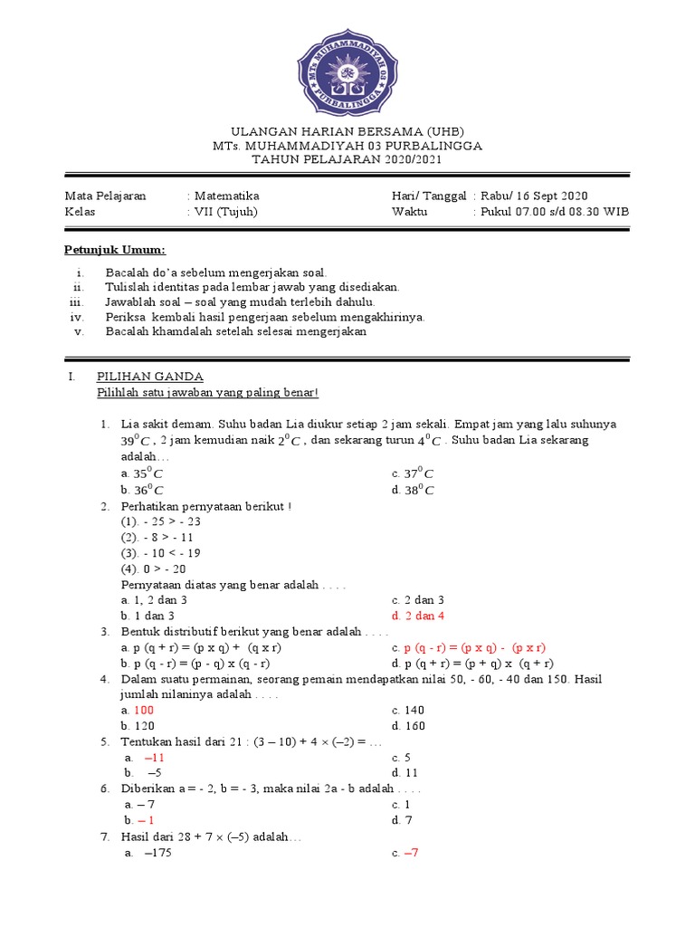 Soal Uhb Matematika Kelas 7 | PDF