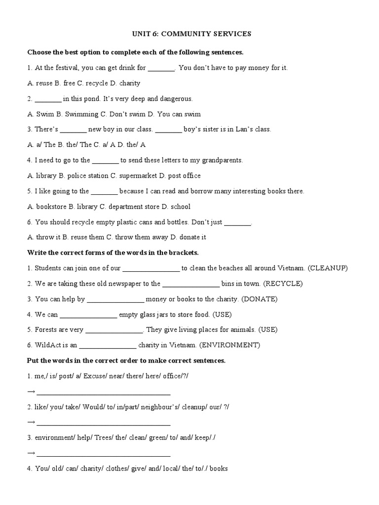 Unit 6: Community Services Exercises | PDF