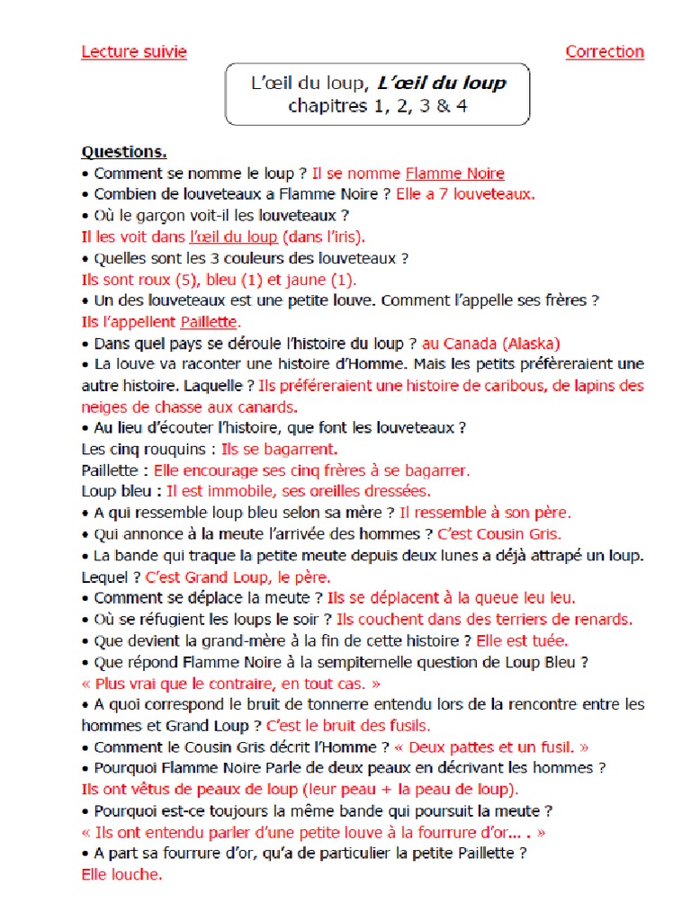 Correction Loeil Du Loup Chap 1 2 3 4 | PDF