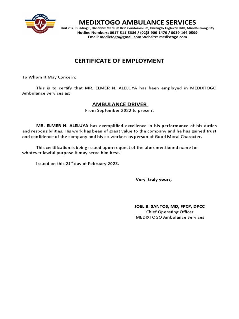 Certificate of Employment for Ambulance Driver | PDF | Career & Growth ...
