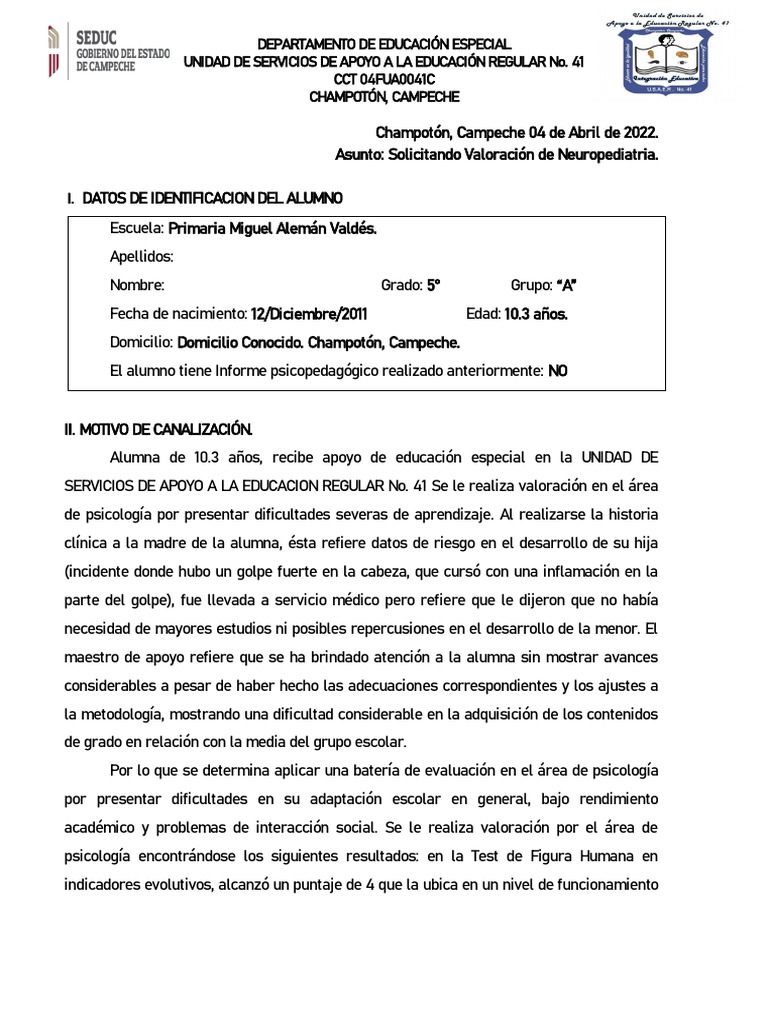 Canalizacion Neuropediatria Ejemplo2 | PDF | Educación especial | Aprendizaje