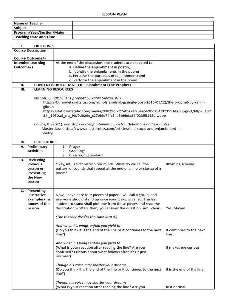 Lesson Plan: Poetry Enjambment (The Prophet) | PDF | Poetry | The ...
