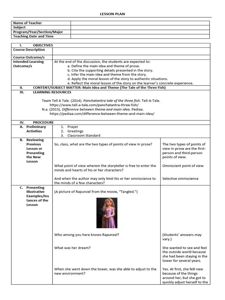 Lesson Plan: Main Idea and Theme (The Tale of The Three Fish) | PDF ...