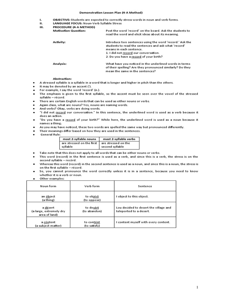 4-A Method Lesson Plan: Noun-Verb Syllable Stress | PDF | Stress ...