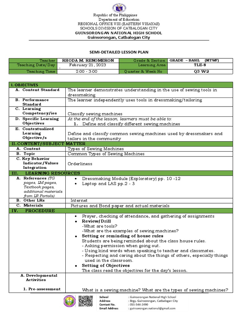 Dressmaking Lesson Plan for Grade 8 | PDF | Seam (Sewing) | Sewing