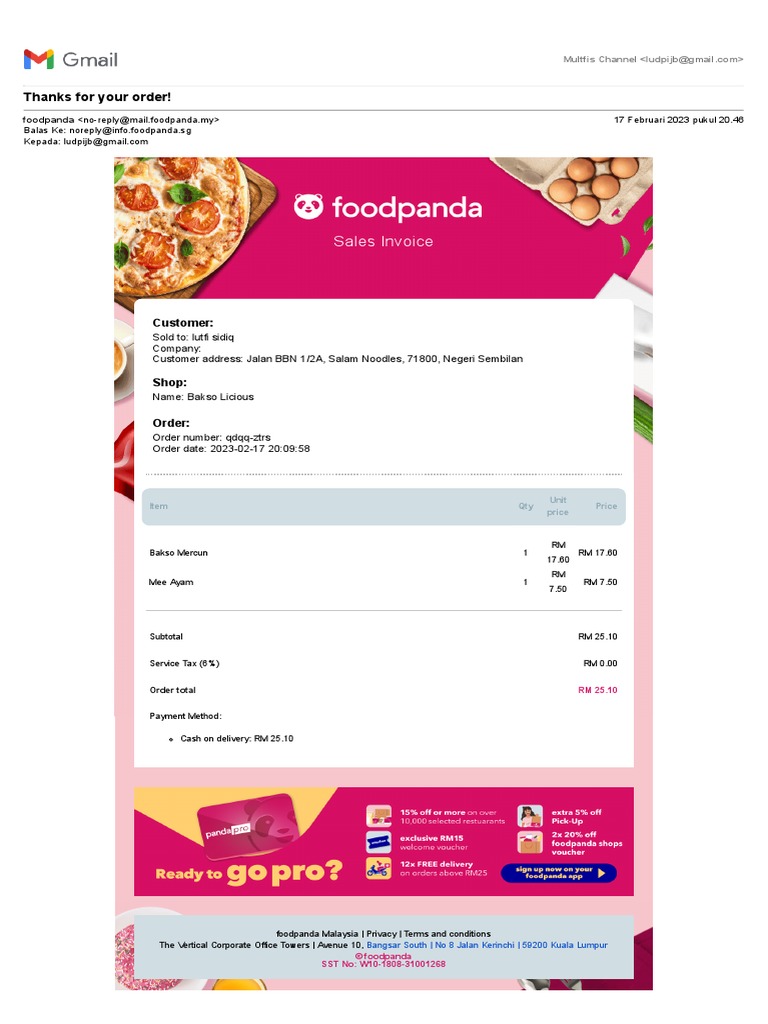 Foodpanda Order Receipt - 17 Feb 2023 | PDF | Trade | Money
