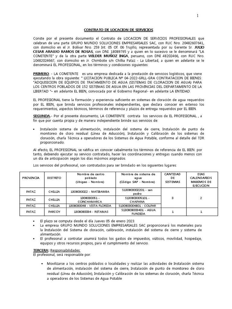 Locacion de Servicios - CHILLIA - PARCOY | PDF