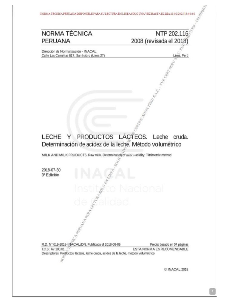 NTP 202.116 2008 Rev 2018 - LECHE Y PRODUCTOS LÁCTEOS. Leche Cruda. Determinación de Acidez | PDF