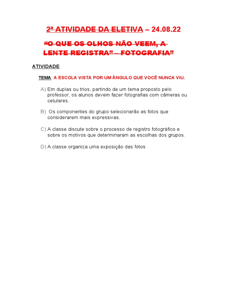 2 ATIVIDADE DA ELETIVA - Atividade para Imprimir | PDF