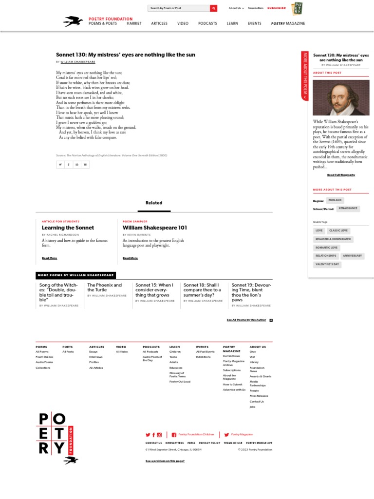 04 Sonnet 130 - My Mistress' Eyes Are Nothing Like - Poetry Foundation ...