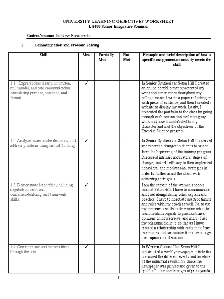 University Learning Objectives Worksheet Pdf