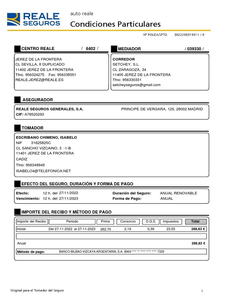 Condiciones Particulares: Auto Reale | PDF | Seguro | Licencia de conducir