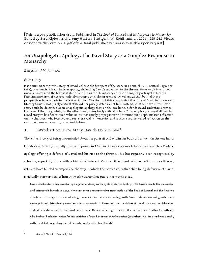 An Unapologetic Apology The David Story | PDF | David | Books Of Samuel