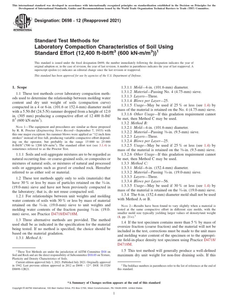 Astm D698 Standard Test Methods For Laboratory Compaction