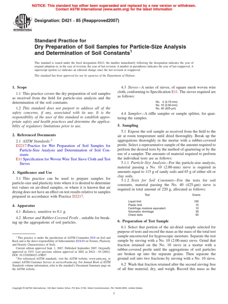 ASTM D421 Standard Practice For Dry Preparation of Soil Samples For Particle-Size Analysis and ...