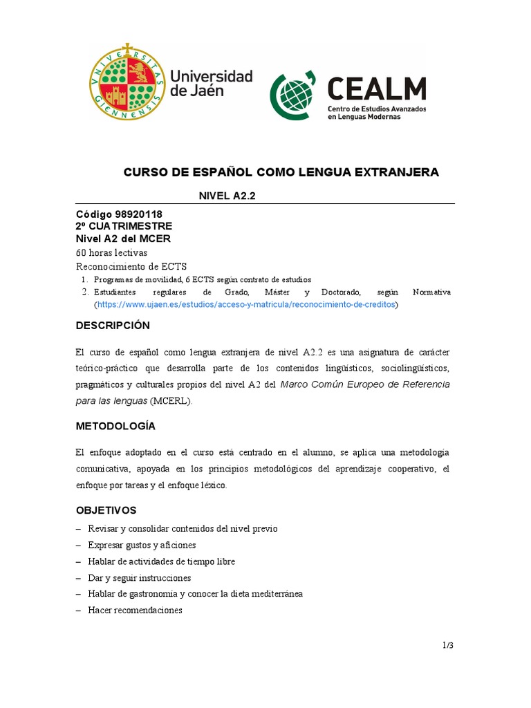 Curso Español A2.2: Metodología y Contenidos | PDF | Verbo | Evaluación