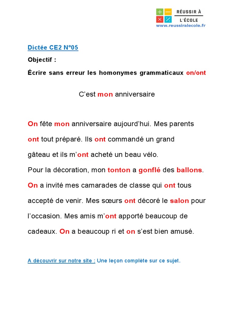 Dictée CE2 : Homonymes On/Ont | PDF